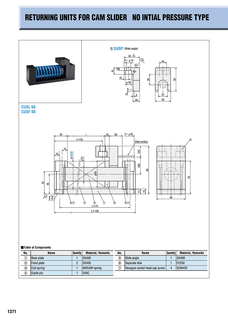 Cam Slider Return Units - No Preload, Coils Spring O.D. 60 mm | MISUMI ...