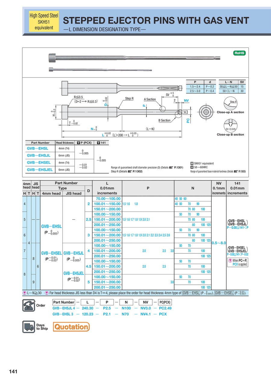 Taperless One-Step Core Pins with Gas Vent - M2 Steel, Head T=4 mm/JIS ...