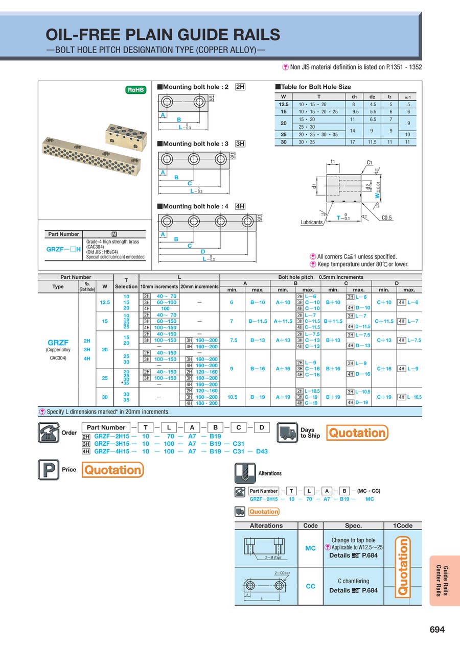 Oil-Free Plain Guide Rails - Bolt Hole Pitch Configurable, Copper Alloy ...