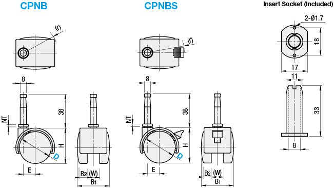 Casters - Ultra-Low Load, Push-Fit, Optional Brake | MISUMI | MISUMI